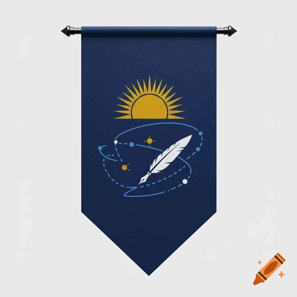 A navy blue flag with a gold sun, a white quill, and blue orbit lines ...