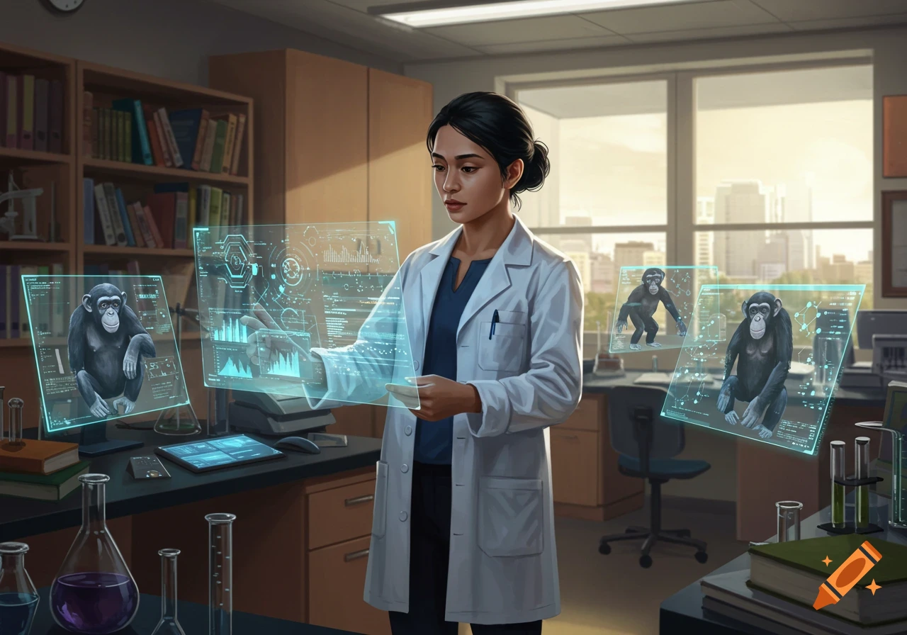A female scientist in a lab coat interacts with futuristic holographic ...