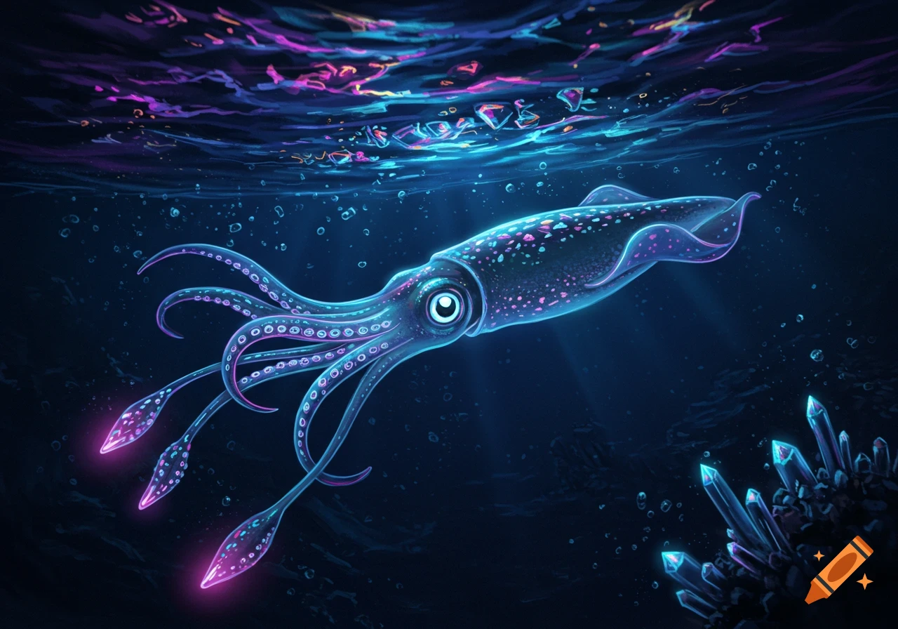 A vibrant, bioluminescent alien squid swims in a dark underwater scene ...