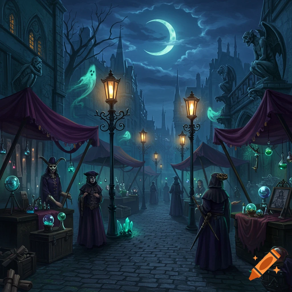 Moonlit gothic market scene with cloaked figures, glowing potions on ...