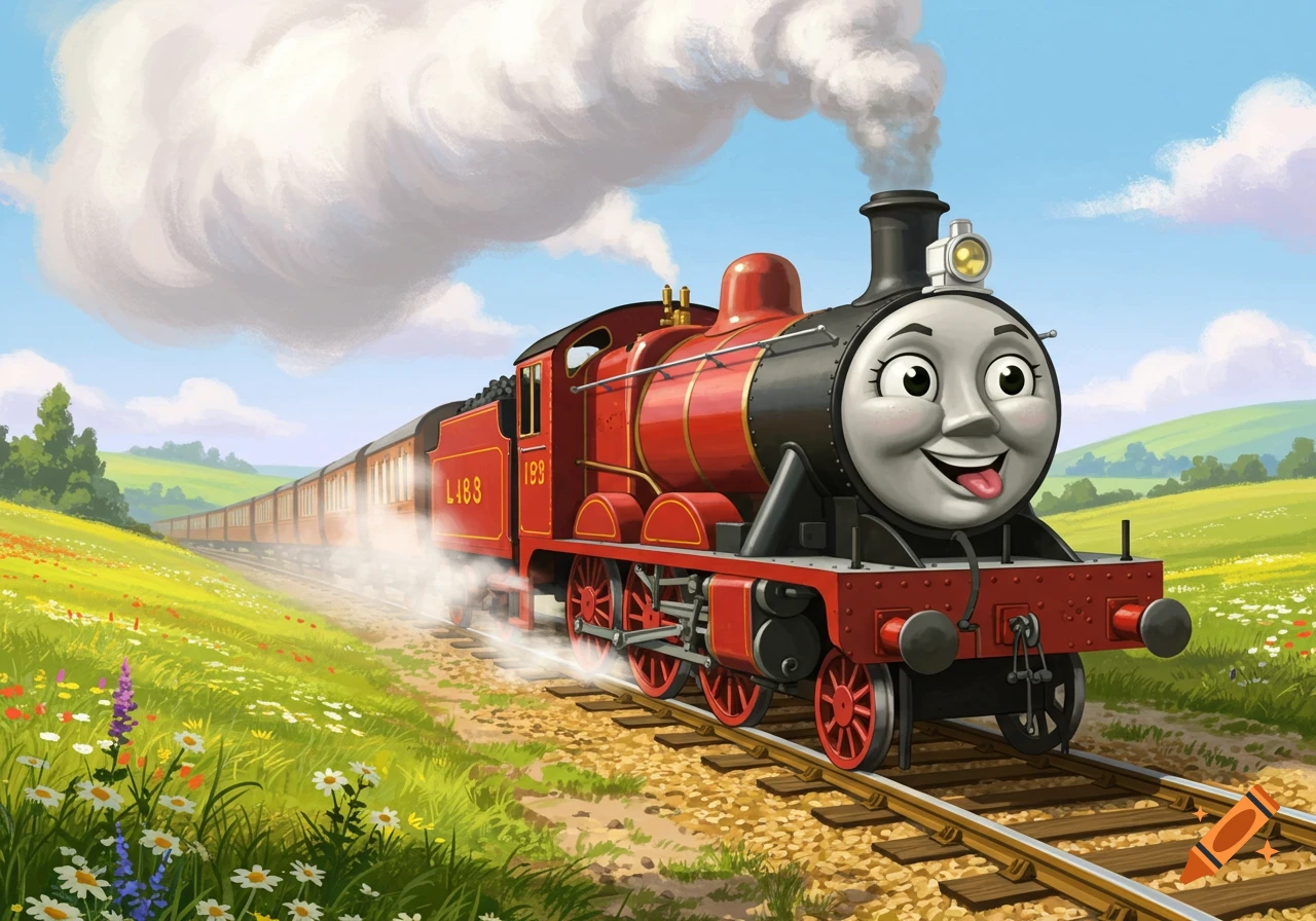 A smiling, red cartoon train with its tongue out chugs along tracks ...