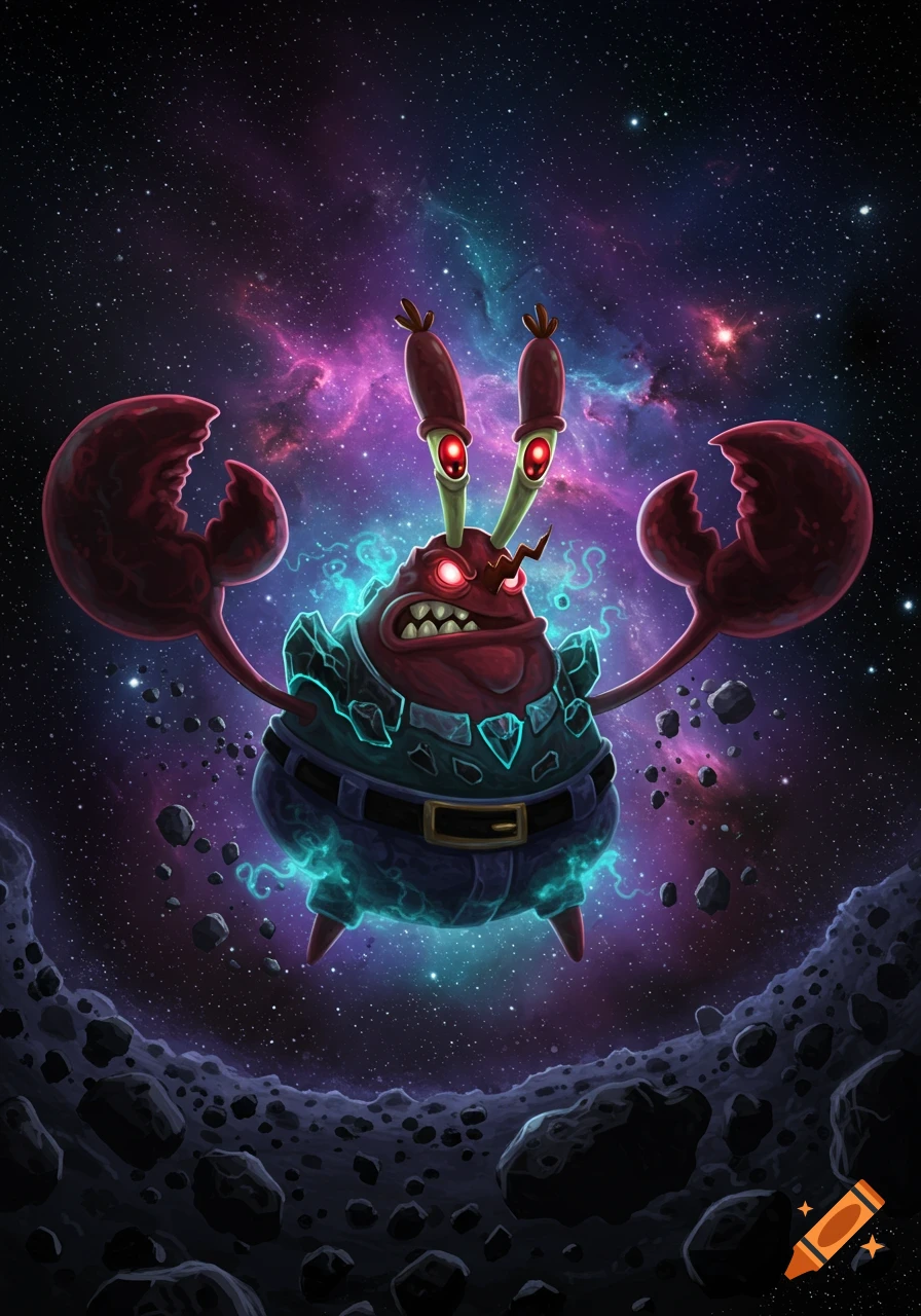 Mr. Krabs from Spongebob Squarepants depicted as an angry space demon with glowing red eyes and ...