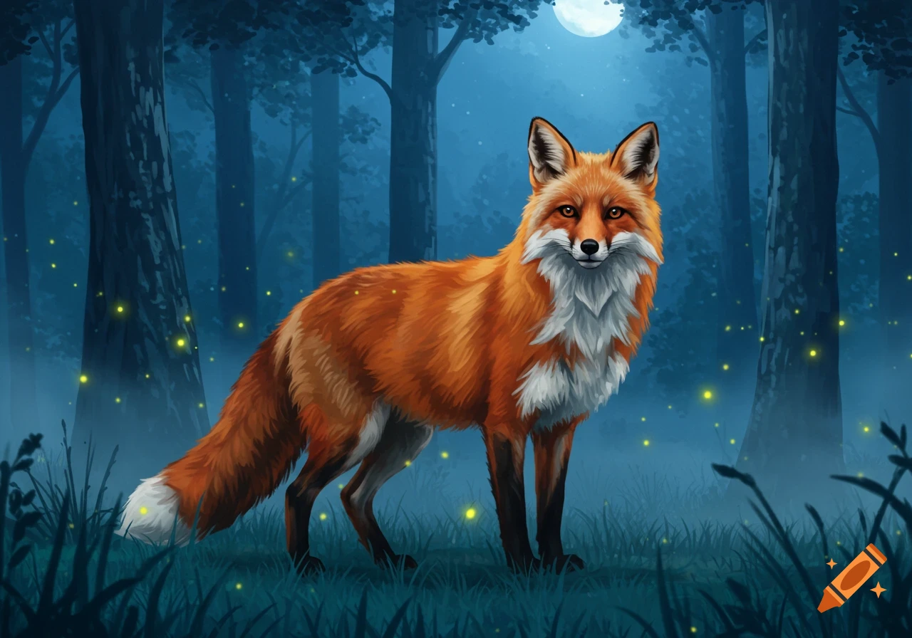 A red fox with white chest and black paws stands in a moonlit forest ...