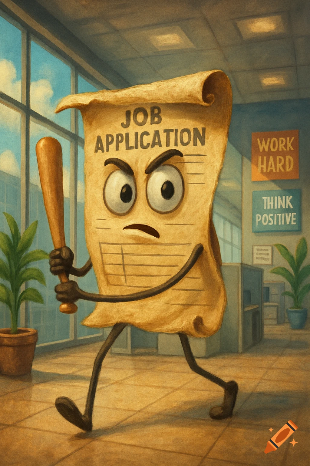 A cartoon job application document with angry eyes and legs holds a ...