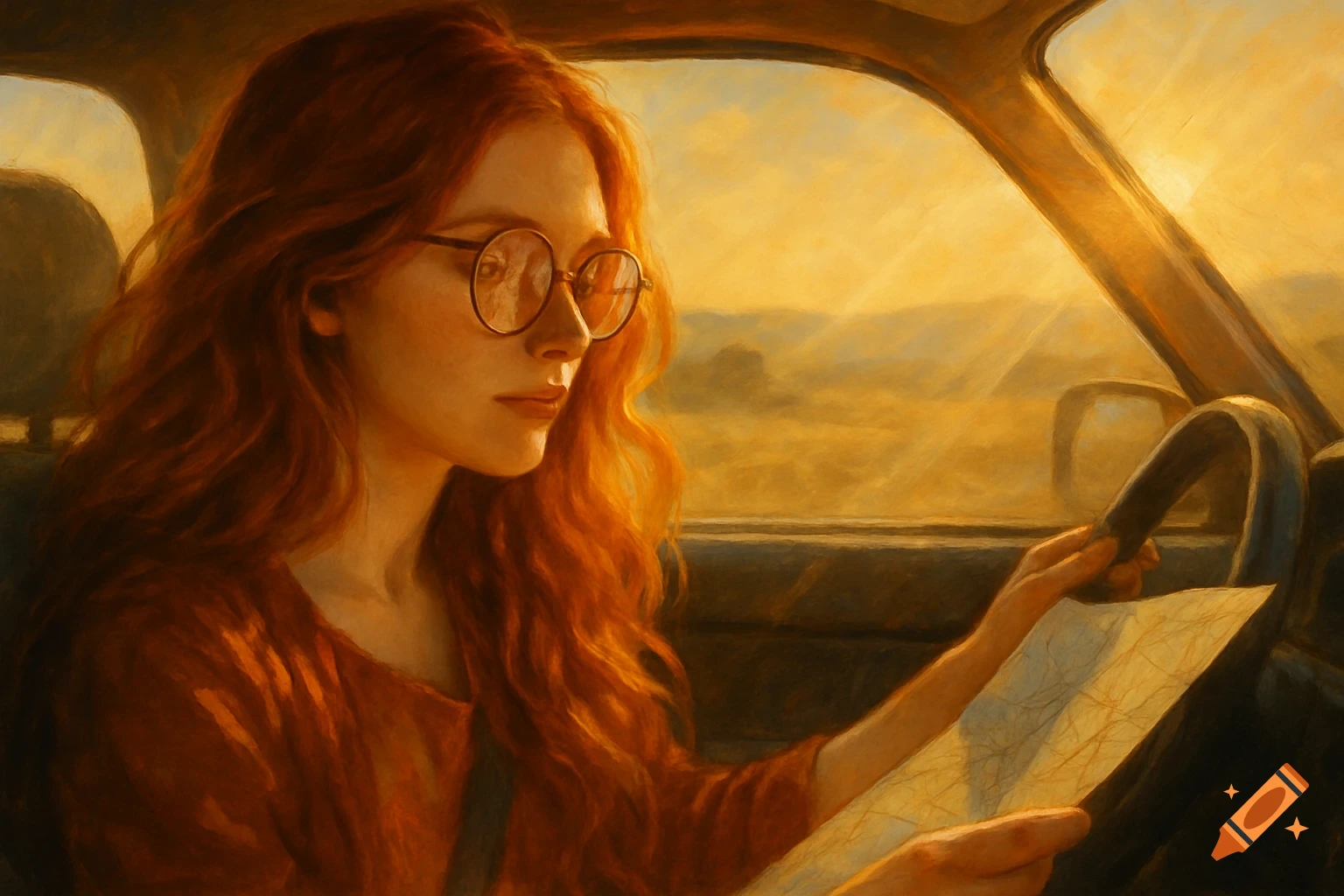 A red-haired woman with glasses drives a car at sunset, looking at a ...