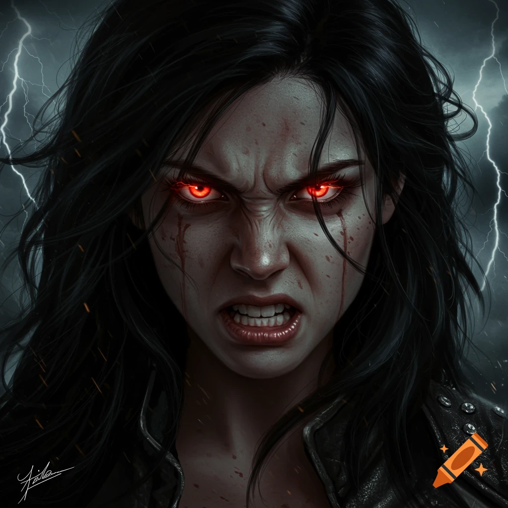 Close-up of an angry woman with glowing red eyes, blood-like streaks on ...