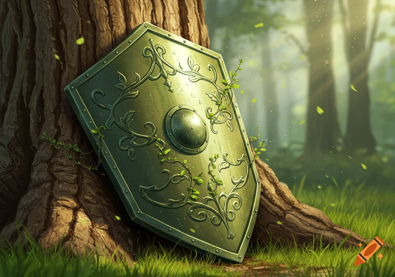 A green metal shield with intricate leaf patterns and vines leans ...