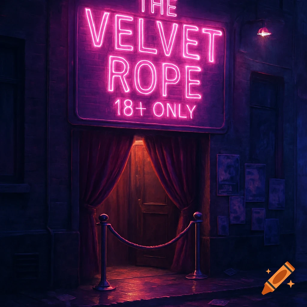 A neon-lit nightclub entrance with a sign reading 'The Velvet Rope 18 ...