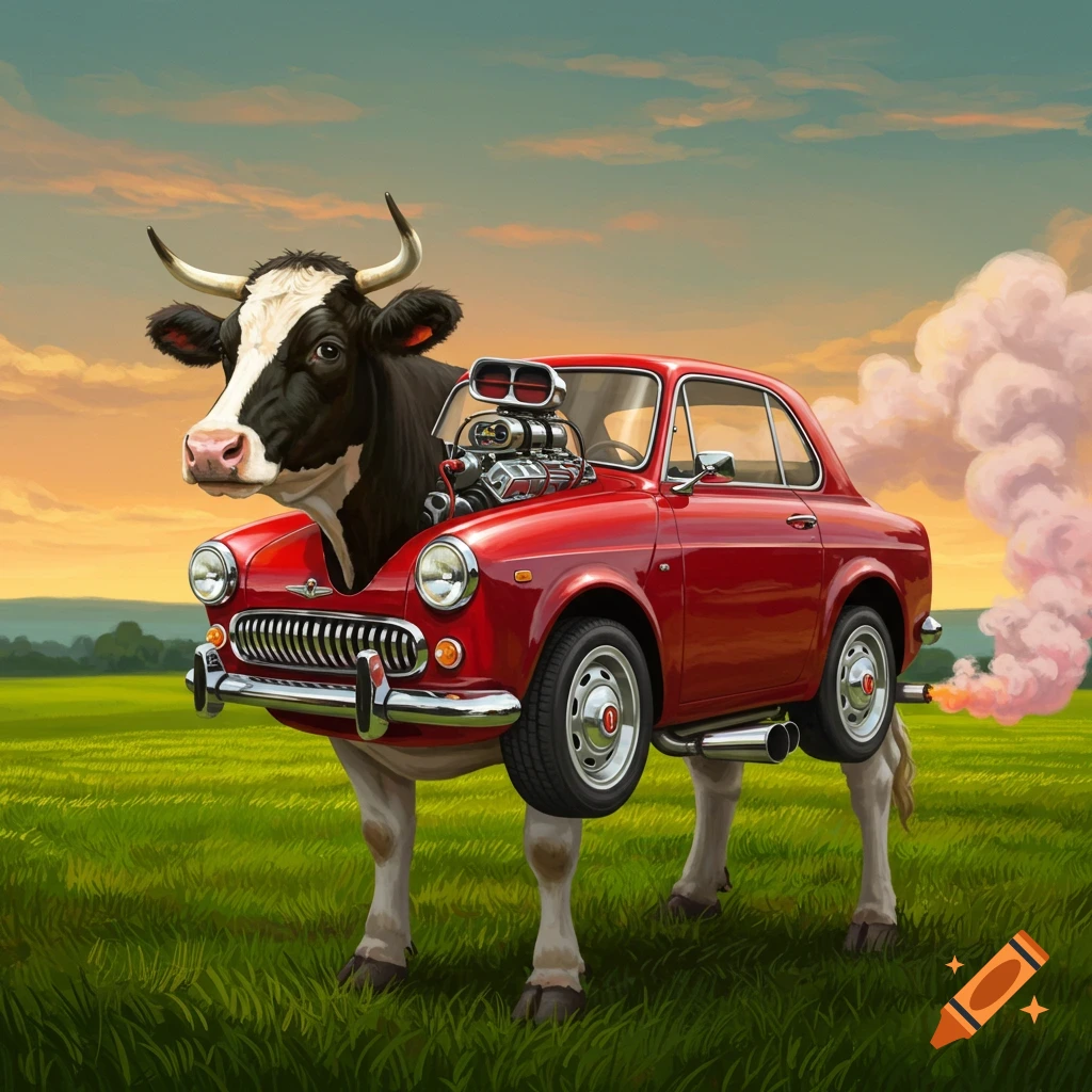 A black and white cow with a red hot rod car as its body, standing in a ...
