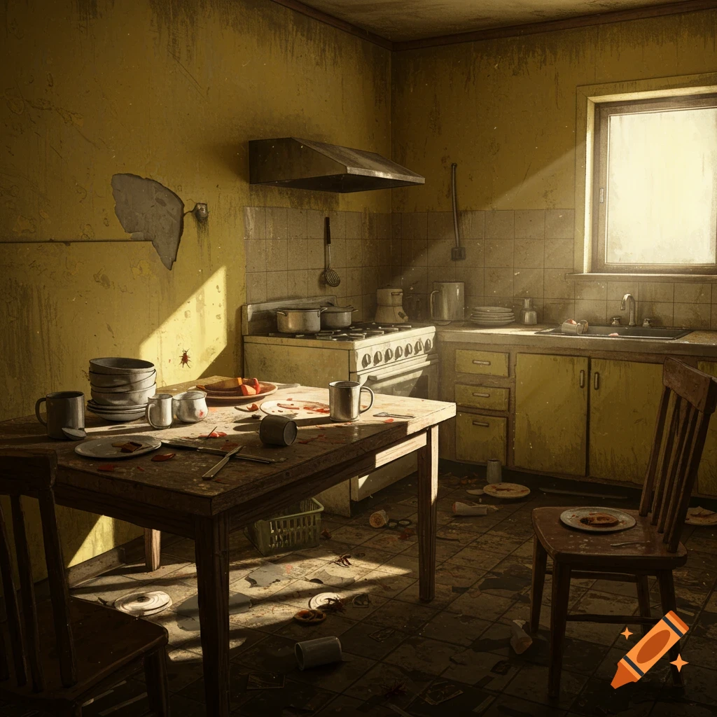 A dirty, neglected kitchen with yellow walls, a cluttered table, dirty ...