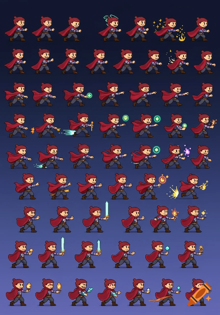 A pixel art sprite sheet featuring a male fantasy character in various ...