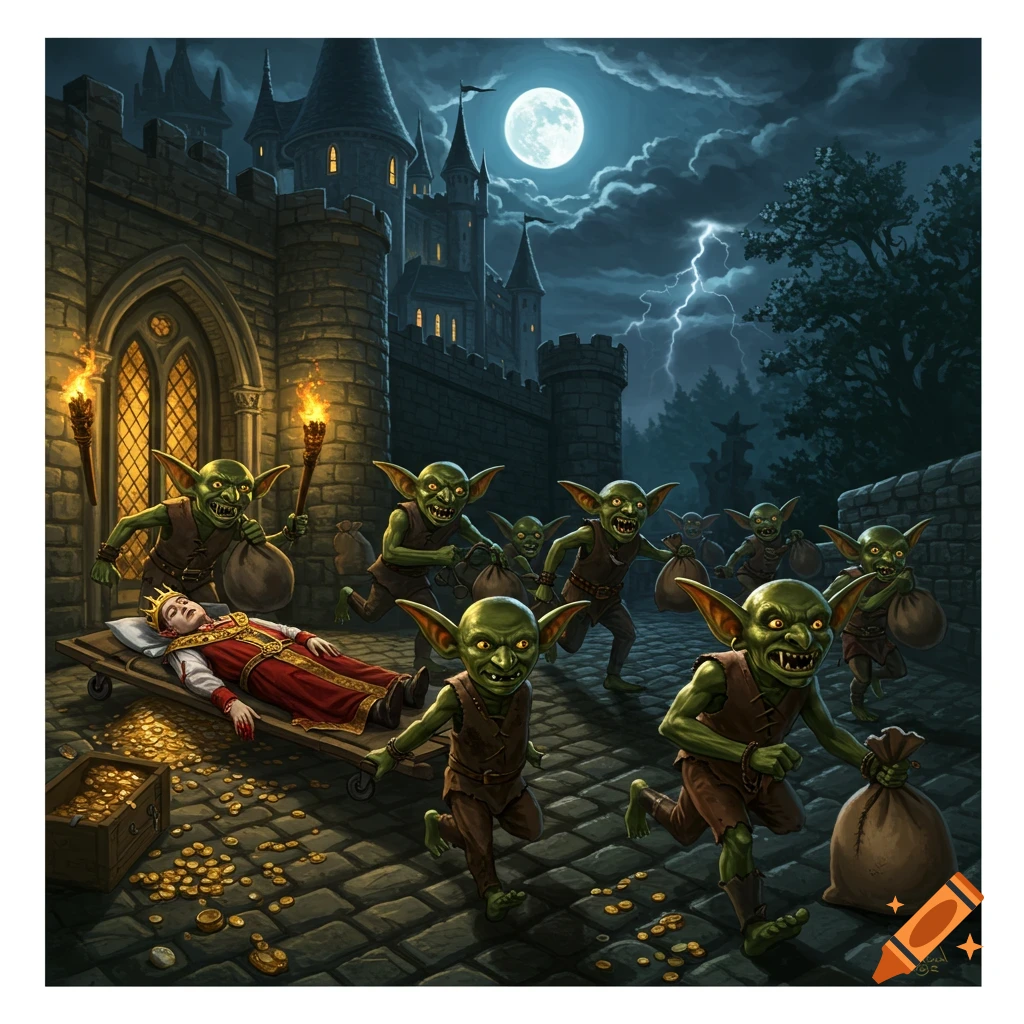 Goblins raid a moonlit castle, carrying off a king on a stretcher and ...