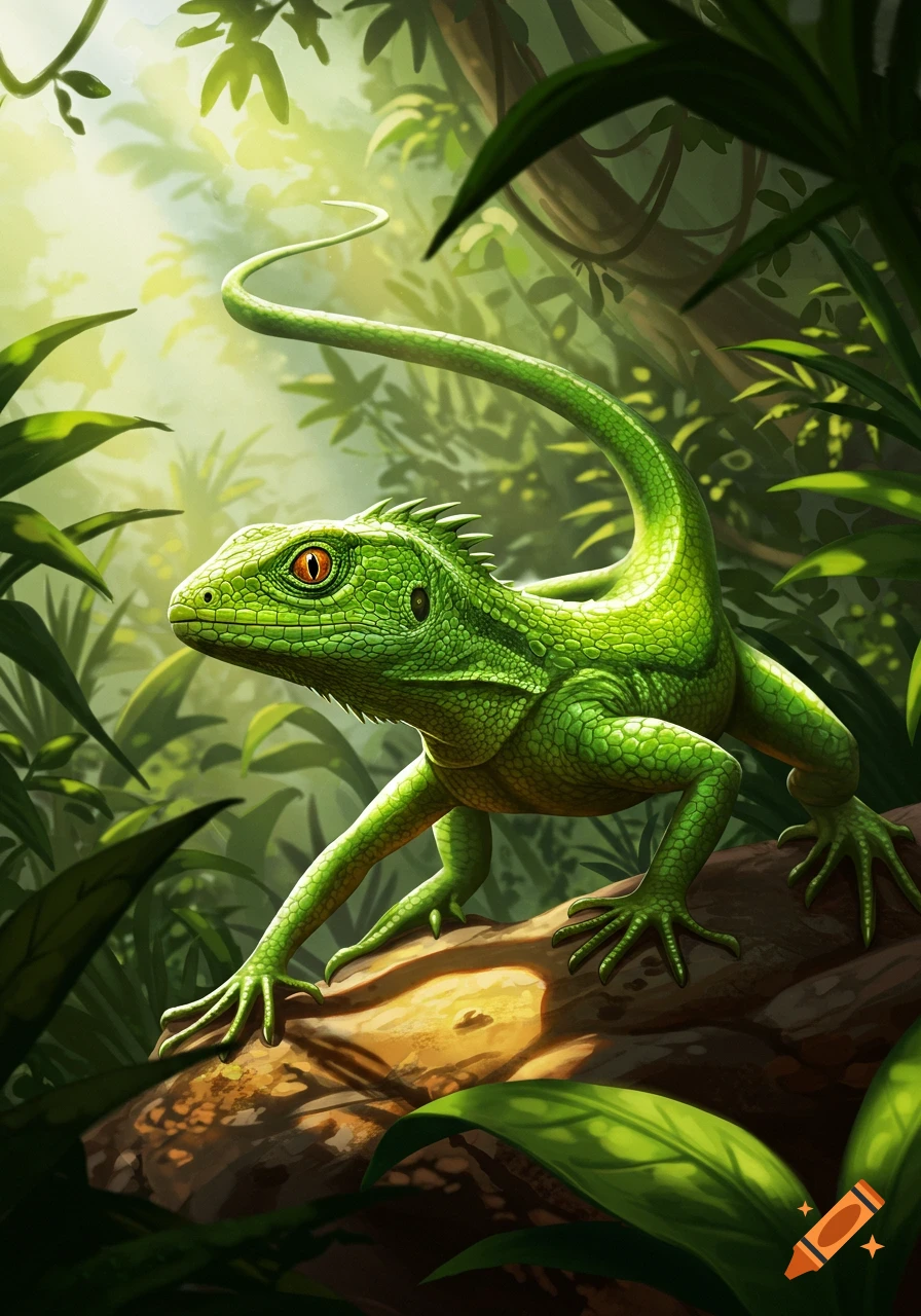 A detailed illustration of a vibrant green lizard with orange eyes ...