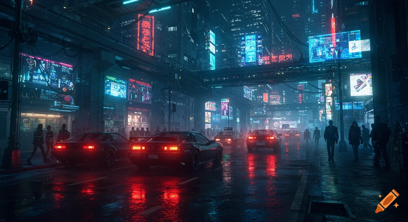 A neon-lit cyberpunk city at night with towering skyscrapers, a flying ...