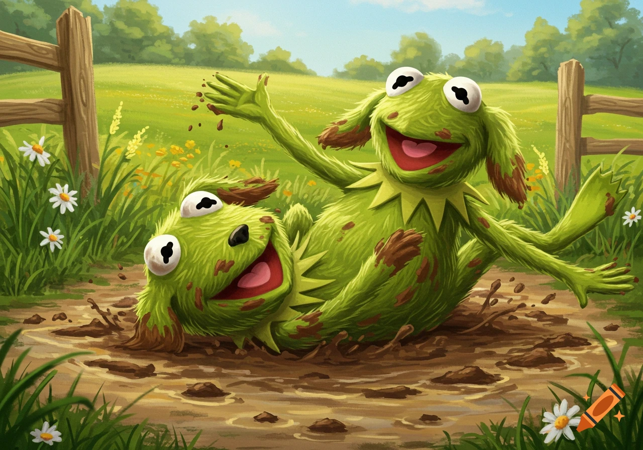 Two fuzzy green puppy-like Kermit the Frogs joyfully roll in a muddy ...