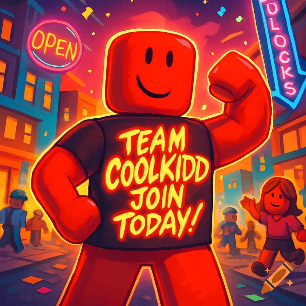 A smiling red Roblox-style character flexing a bicep, wearing a black ...