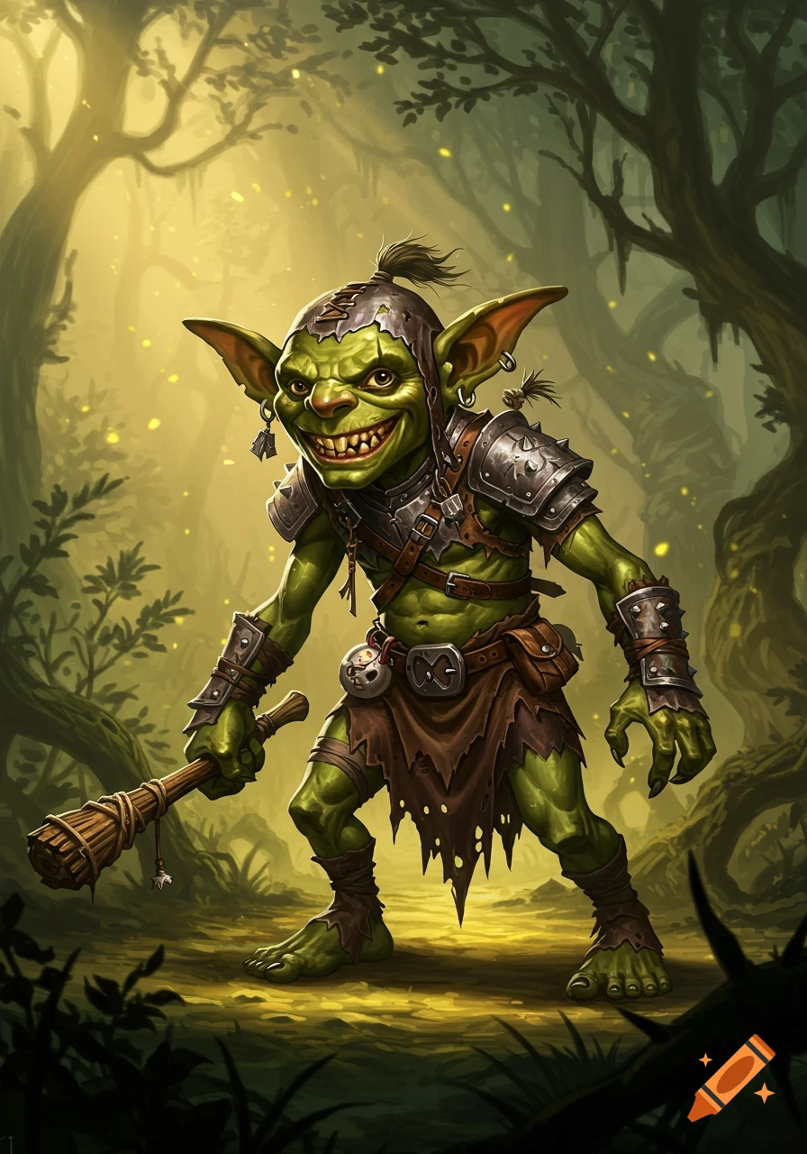 A green-skinned goblin in armor holds a club, grinning in a lush ...
