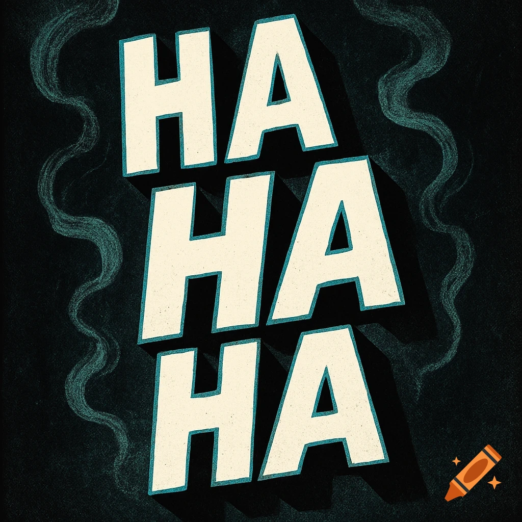 The words 'HA HA HA' stacked vertically in a bold, cream-colored comic ...