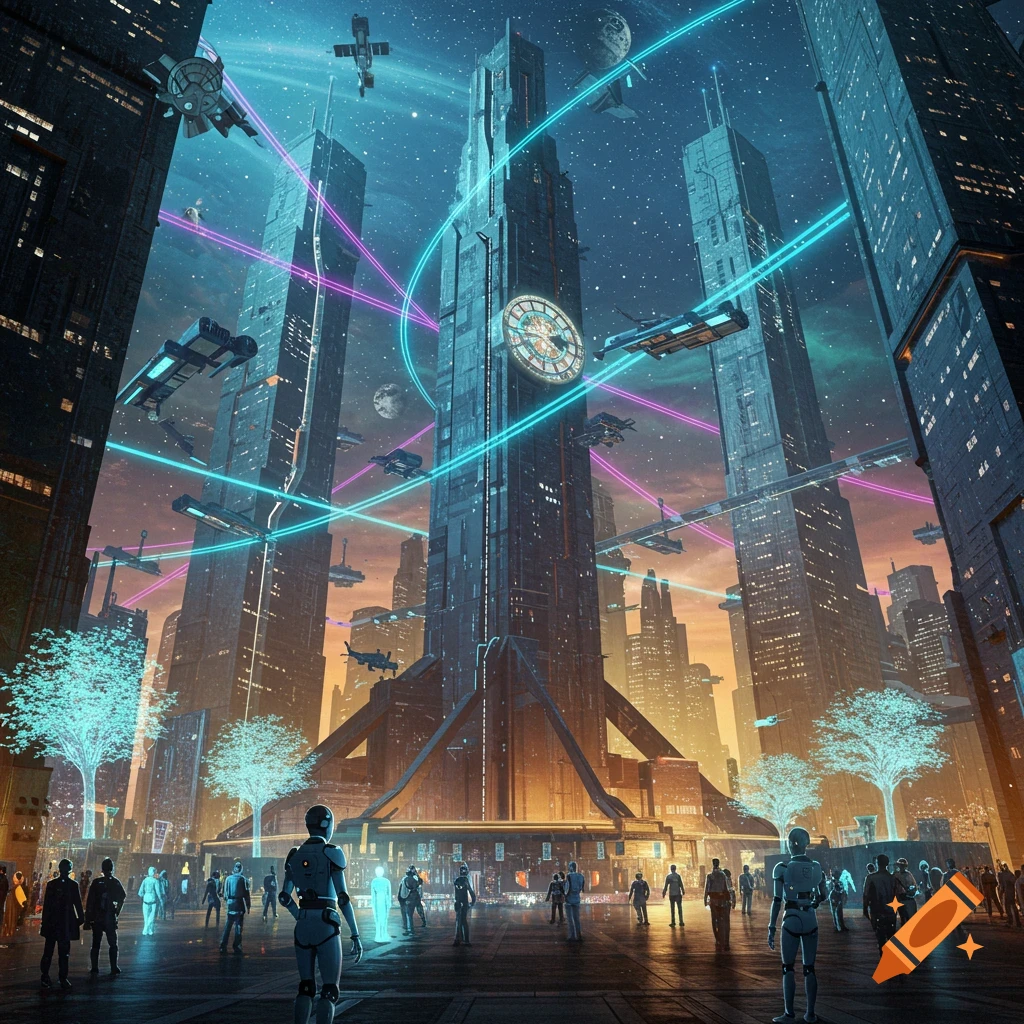 A surreal, M.C. Escher-style futuristic city at sunset, with complex ...