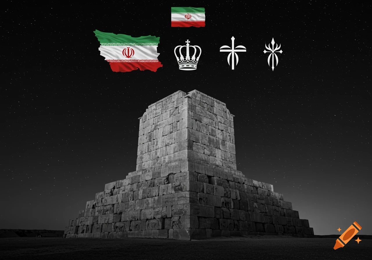 Monochromatic image of the Tomb of Cyrus the Great under a starry night ...