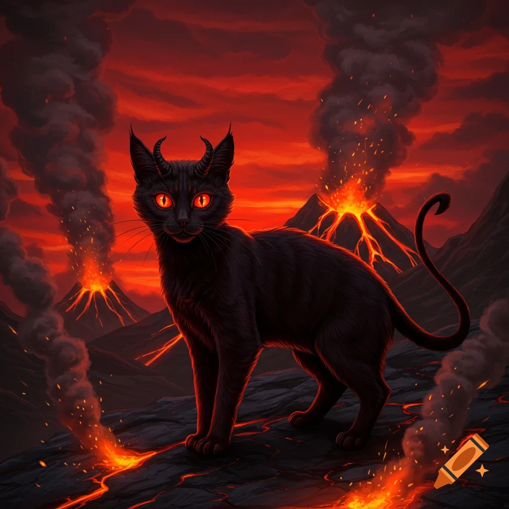 A horned black cat with glowing red eyes stands on volcanic ground ...