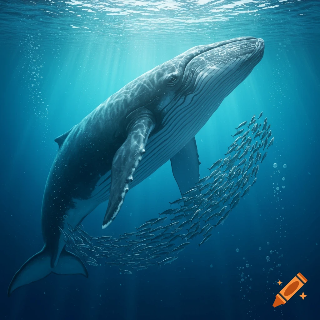 A large blue whale swims gracefully through deep blue water, with light ...