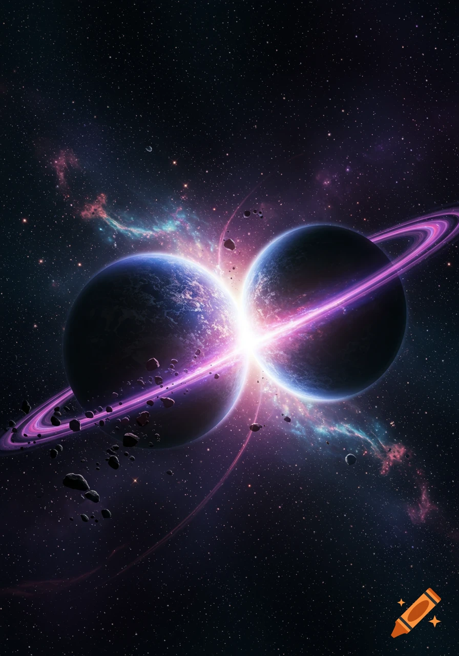 A glowing dark sphere with orbiting rings floats over a reflective ...