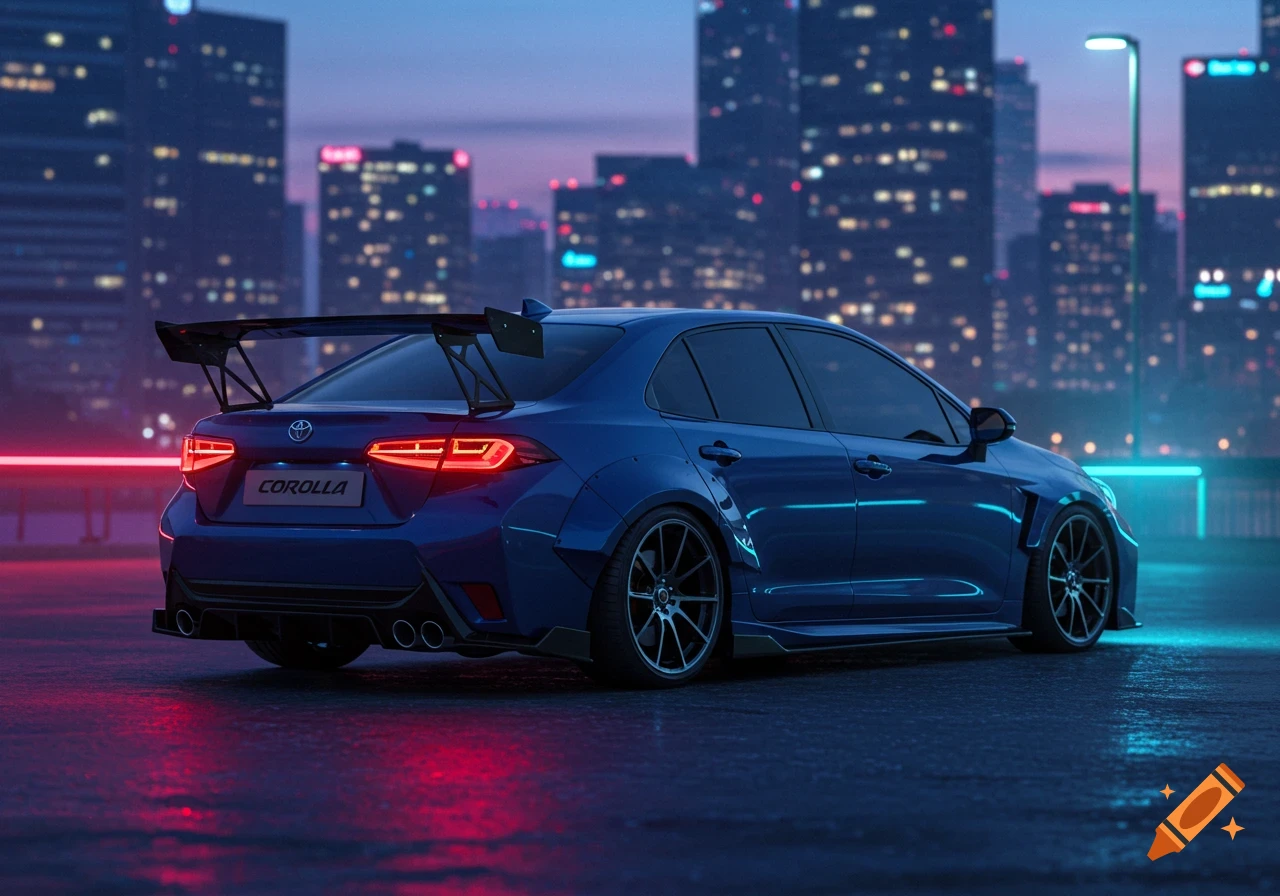 Photorealistic, tuned red and blue metallic BMW with a large spoiler ...