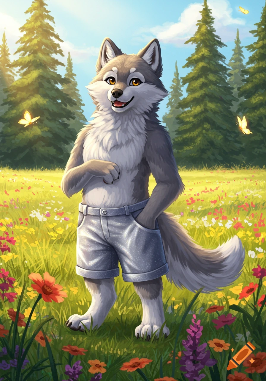 A cute, smiling anthropomorphic wolf in denim shorts stands in a ...