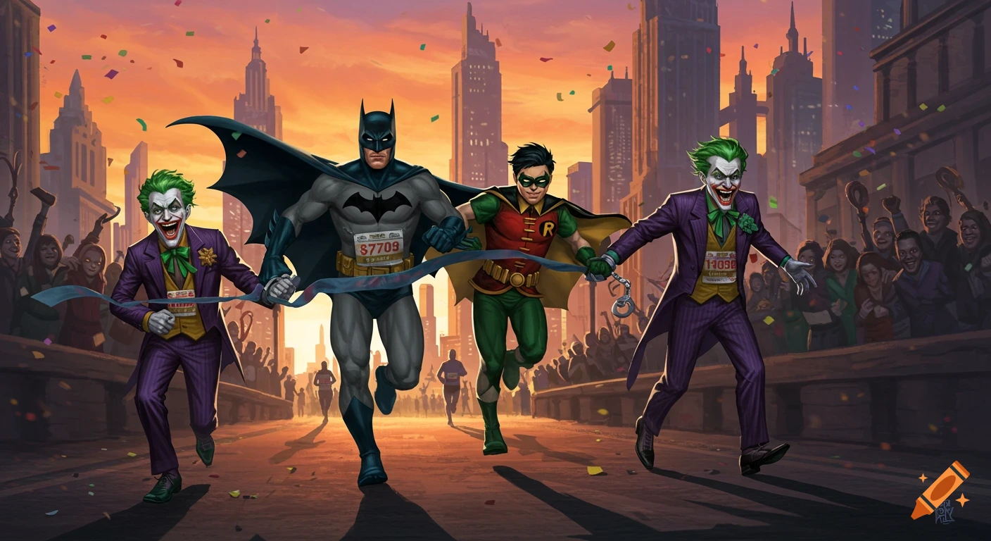 Batman, Robin, and two Jokers break a finish line tape during a ...