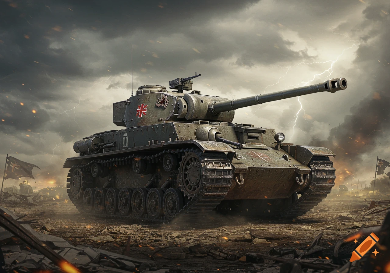 A stylized dark tank with red symbols stands on fiery ground under a ...