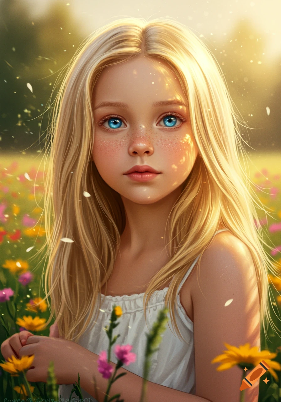 Stylized portrait of a blonde girl with blue eyes and freckles, wearing ...