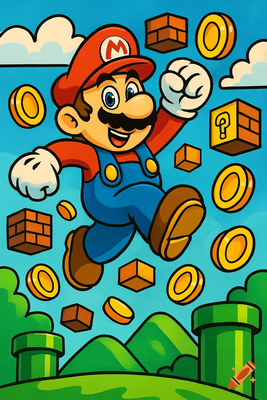 Cheerful cartoon Mario, in red cap and blue overalls, jumps through a ...