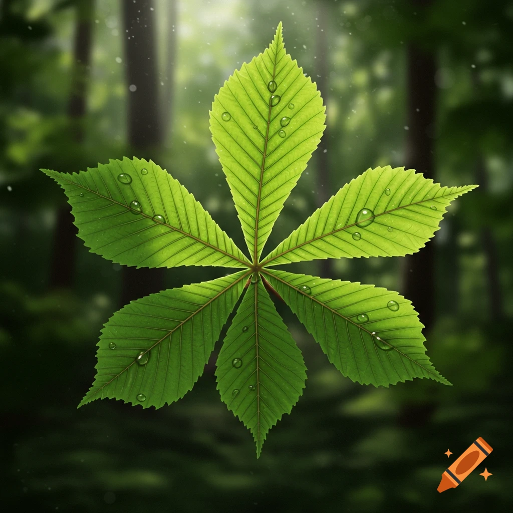 A vibrant green chestnut leaf with prominent veins and water droplets ...