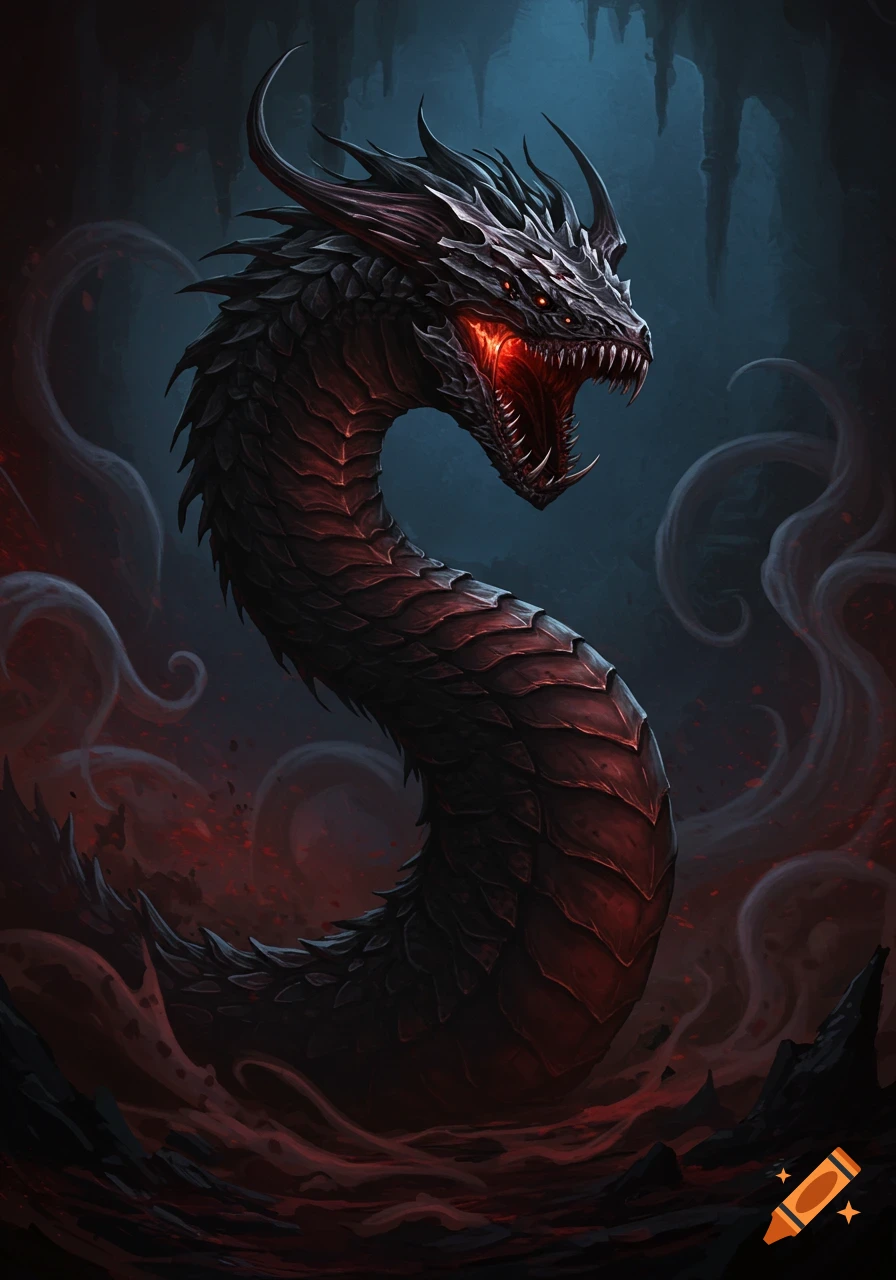 A dark, scaly, serpentine dragon-like creature with glowing red eyes ...