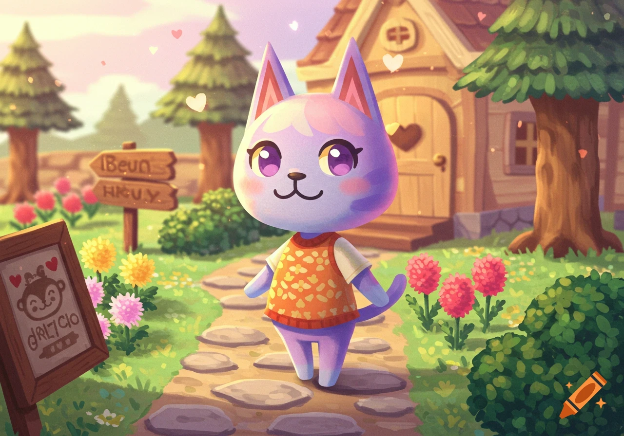 A cute purple cat character resembling Animal Crossing stands on a ...