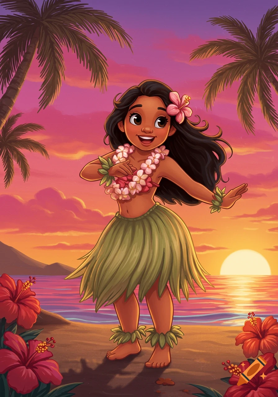 A cute cartoon hula girl with a flower lei and grass skirt dances on a ...