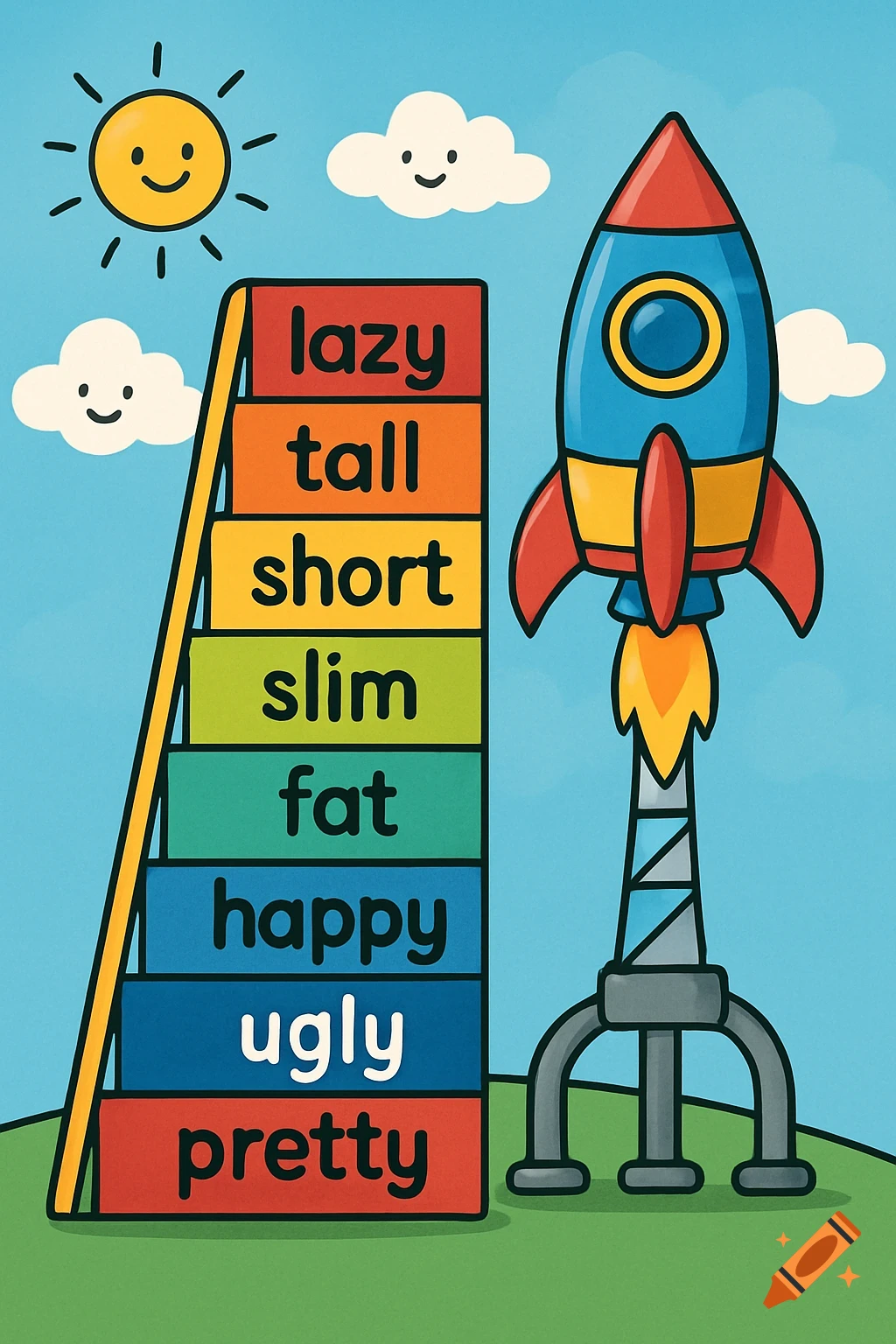 A colorful cartoon shows a rocket on a launch pad next to a ladder with ...