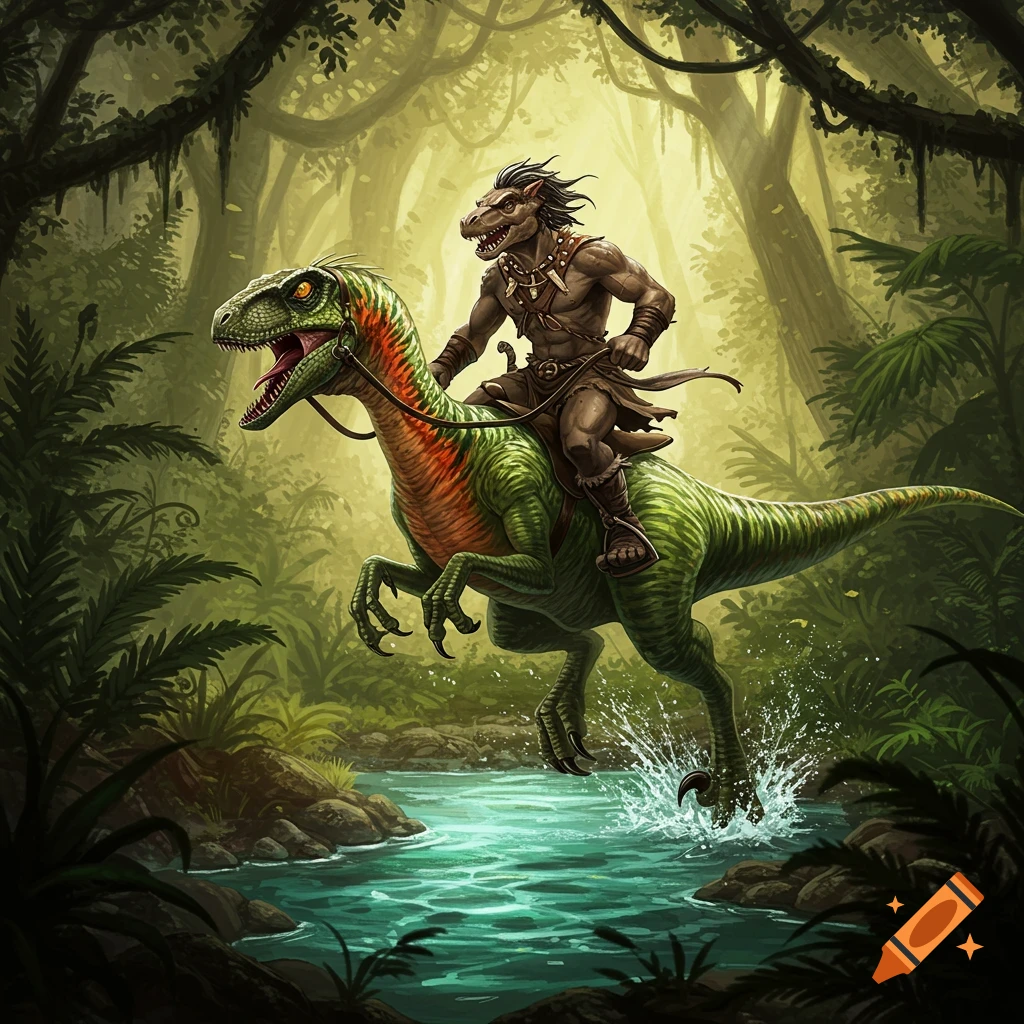 A muscular dinosaur-man with a loincloth rides a green and red raptor ...