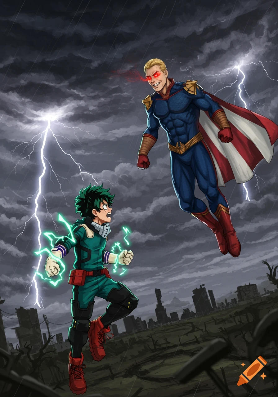 Deku and Homelander face off in a dramatic anime illustration, with ...