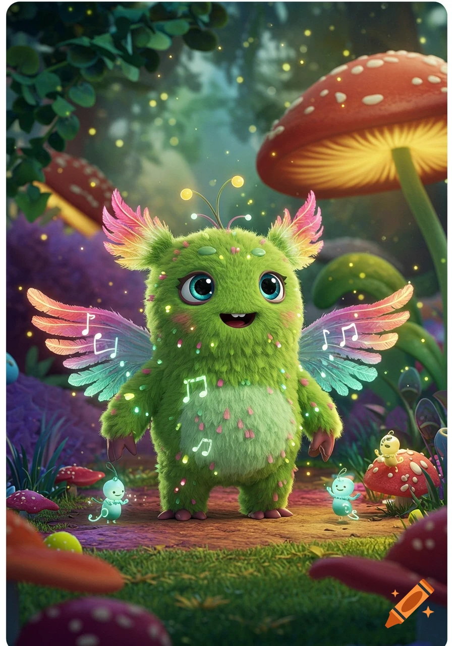 A vibrant, fluffy green monster with rainbow wings and musical notes ...