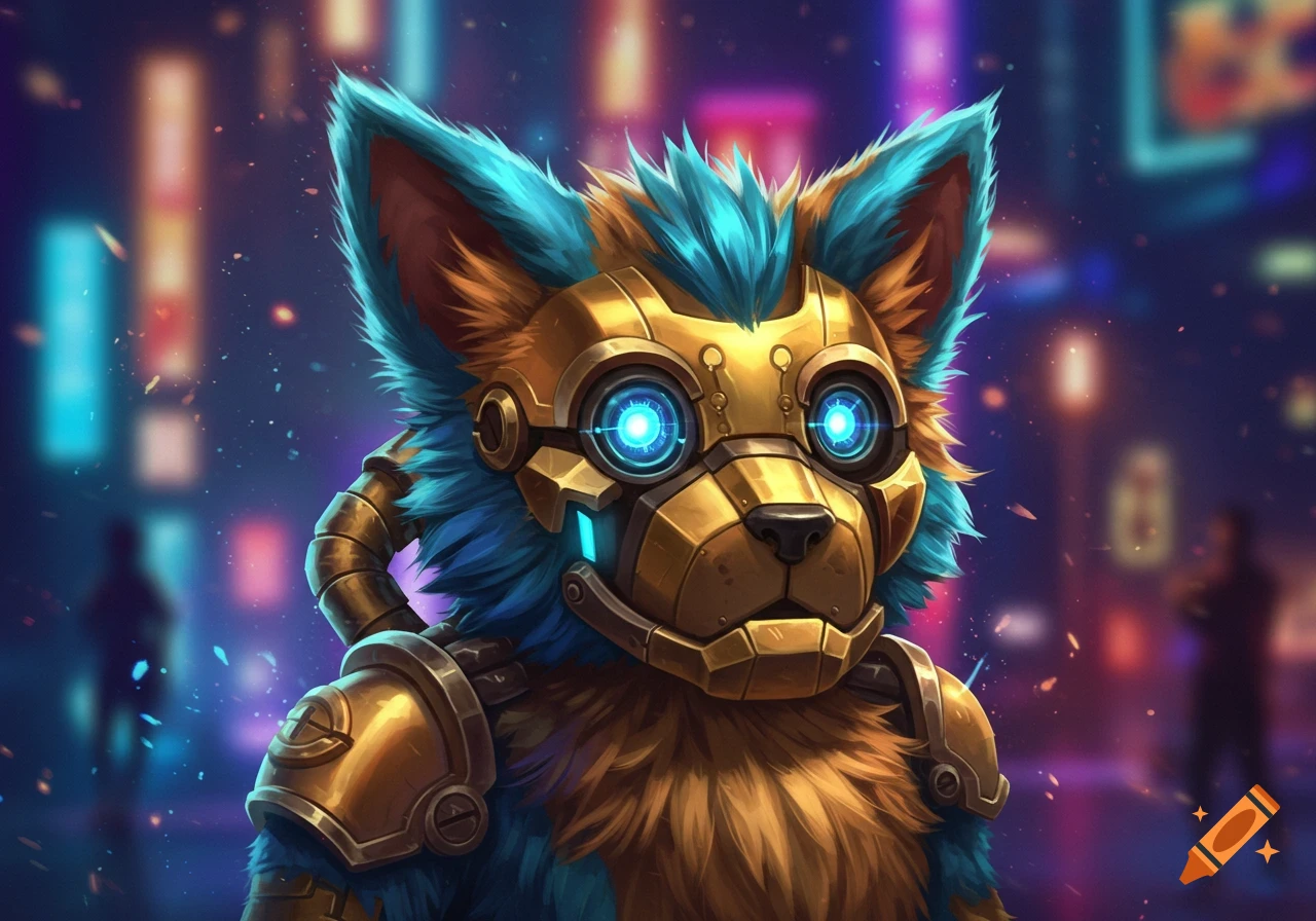 A white and gray Protogen with a blue LED face display stands on a ...