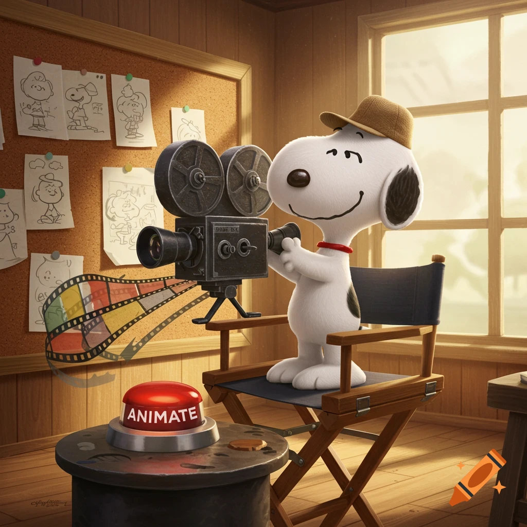 Snoopy sits on his red doghouse in a green field with wildflowers ...