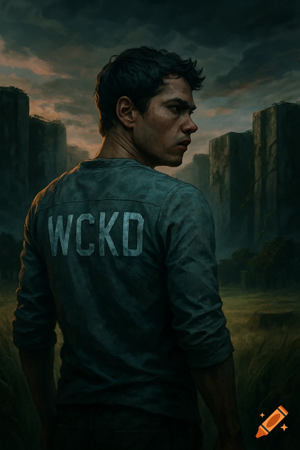 A man with a grim expression looks over his shoulder, wearing a 'WCKD' shirt, in a dark, maze ...