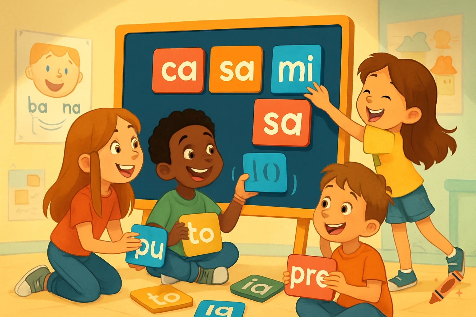 Cartoon illustration of a diverse classroom with a teacher pointing at ...