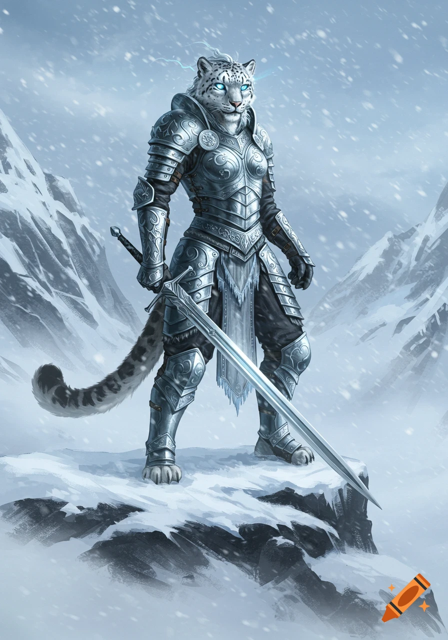 A powerful snow leopard warrior in ornate silver armor stands in a ...
