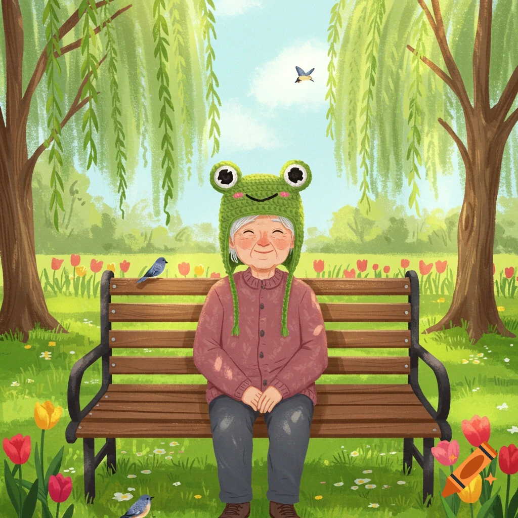 An elderly person wearing a green frog hat sits on a park bench ...
