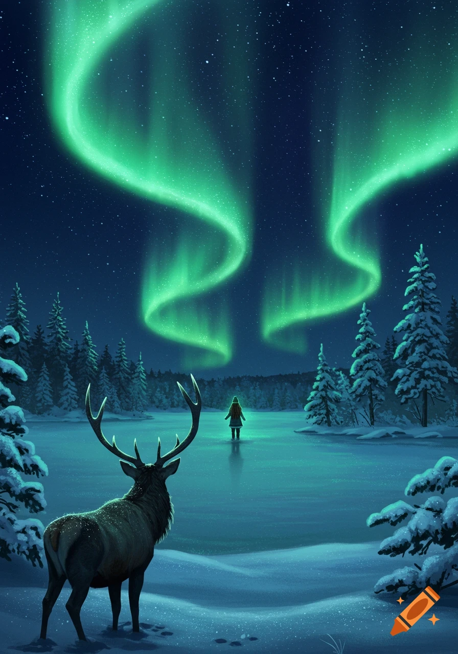 A snowy winter landscape featuring a decorated Christmas tree by a ...