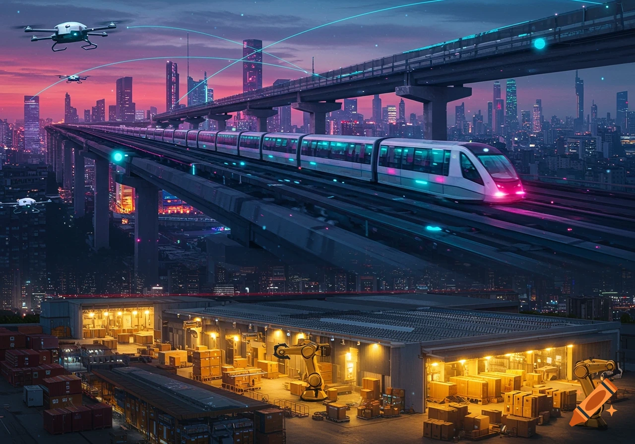 A futuristic cityscape at dusk featuring a high-speed train on elevated ...
