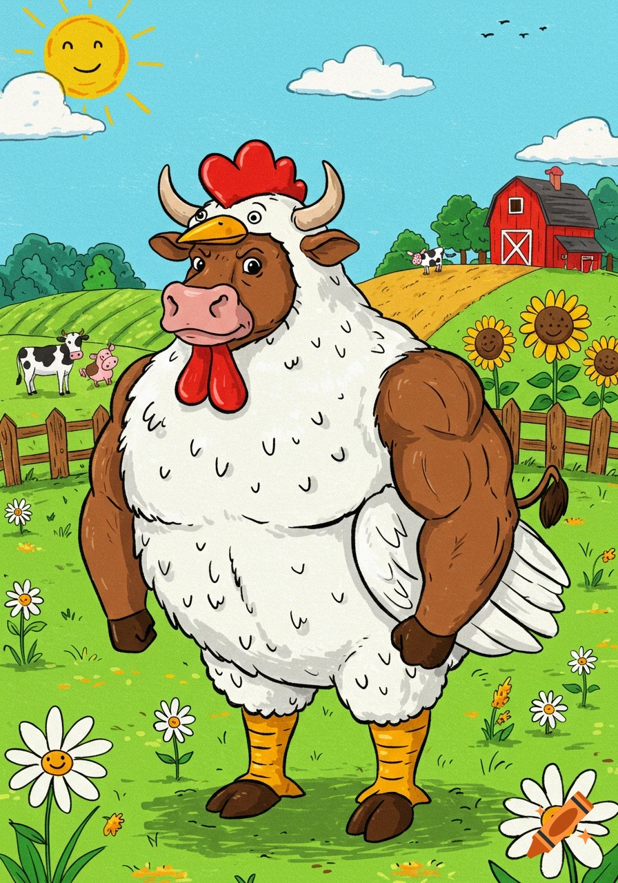 A cartoon rooster in a blue suit and red bow tie walks in a grassy ...